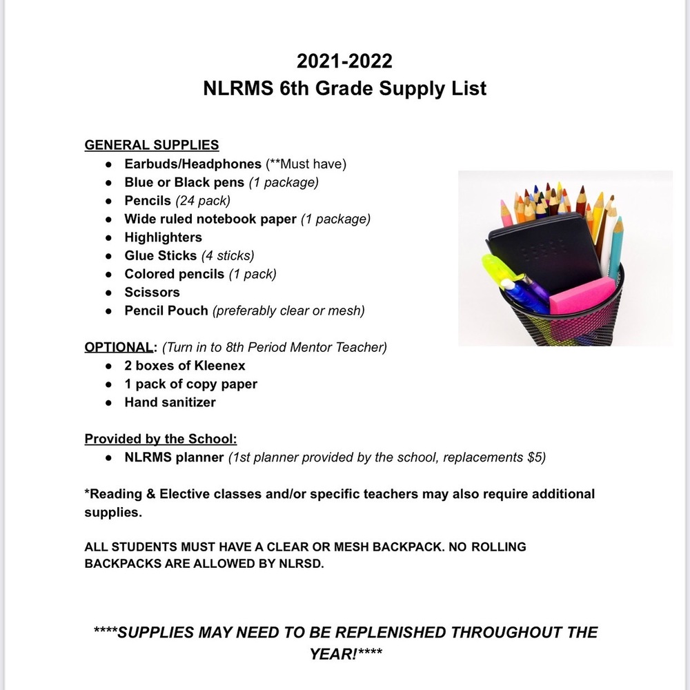 2021 2022 NLRMS 6th Grade School Supply List NLR Middle School